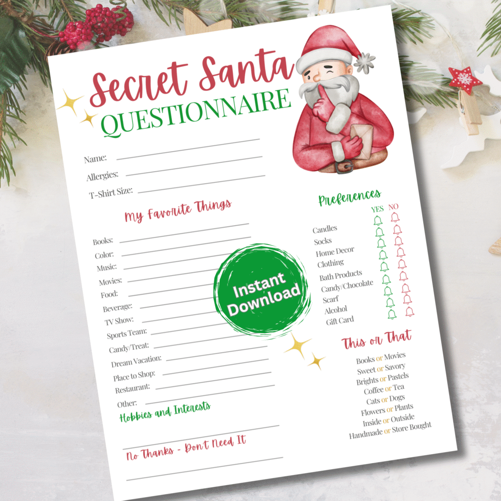 Secret Santa Questionnaire Printable for Holiday Fun
